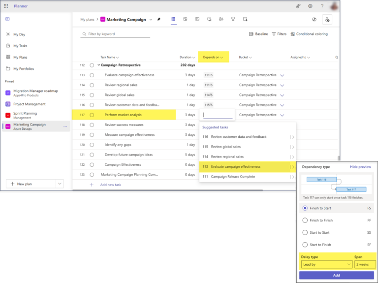 Microsoft Planner: Task Dependencies, Critical Path & Portfolios